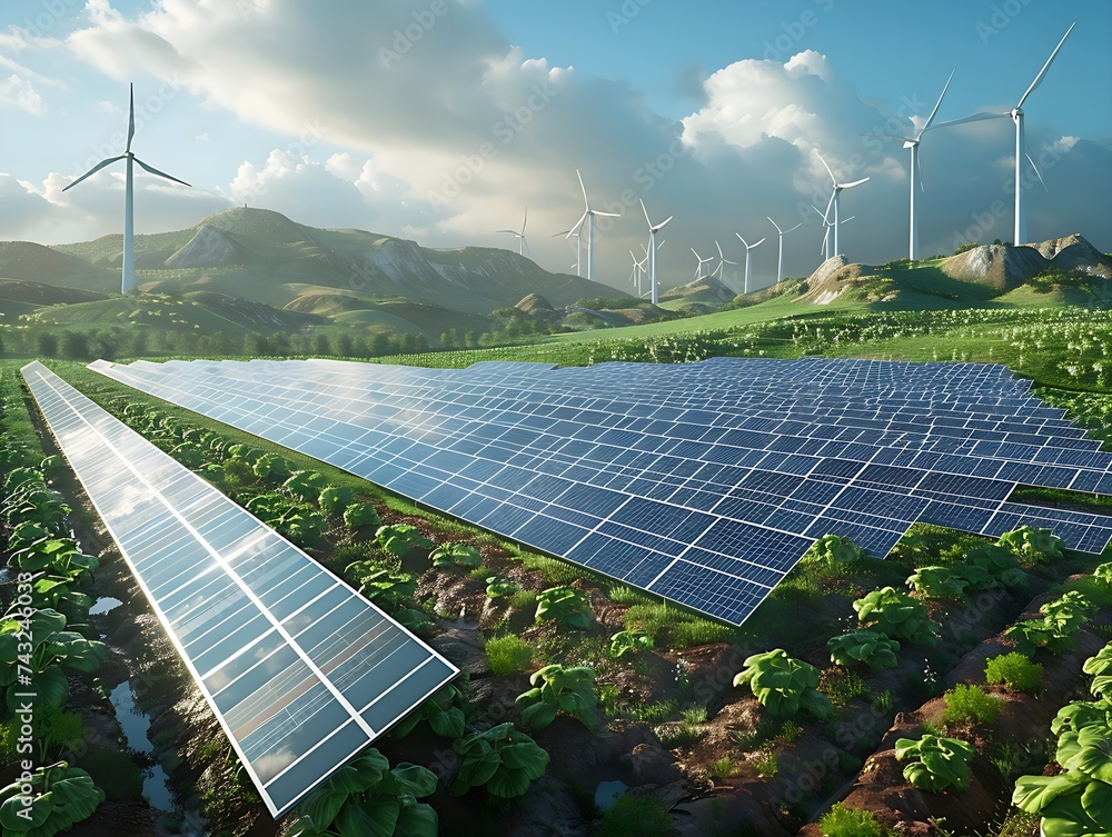 Photovoltaic solar panels and towering wind turbines in an expansive ...