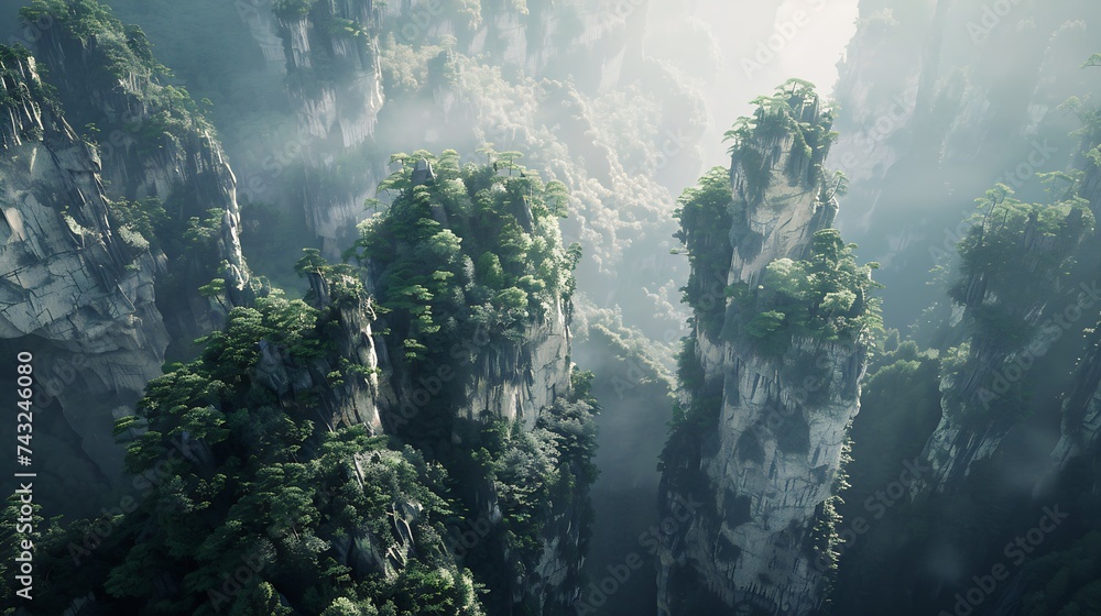 Aerial view of Avatar Mountains Zhangjiajie National Forest Park China ...