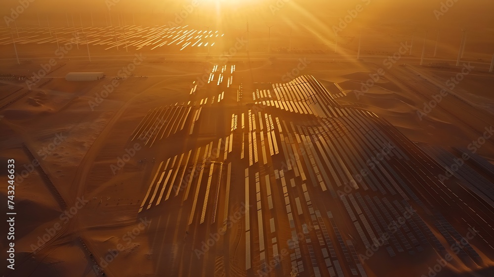 Aerial view of Al Maktoum solar panel park in Saih Al Salam desert in Dubai UAE : Generative AI ...