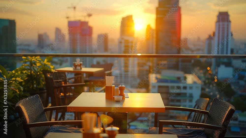 Rooftop bar party blur city view background from hotel balcony with ...