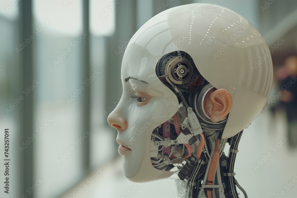 Profile view of a humanoid robot head revealing complex inner ...