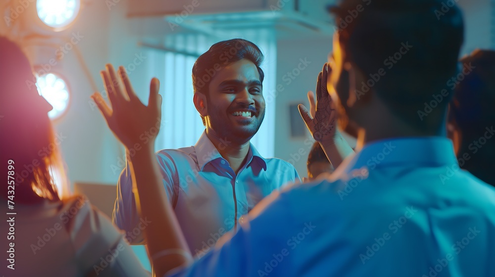 Happy proud excited Indian ethnicity employee get promotion receive ...