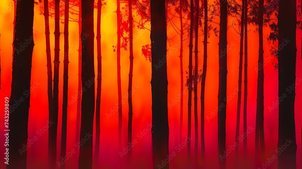 Bloody sunset in the forest Black silhouettes of tall trees on a red ...