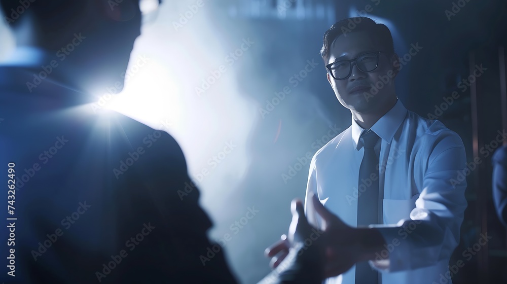 Proud boss encouraging and thanking happy employee for good job shaking ...