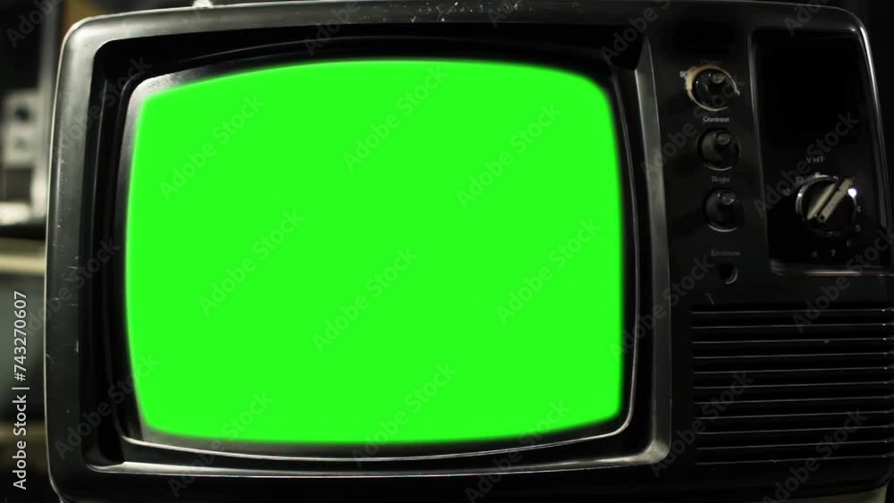 Retro TV Turning On Green Screen With Static Noise. Close Up. You can ...