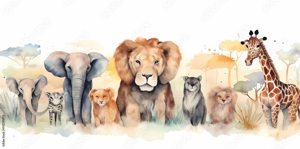 Seamless border with wild animals, Watercolor hand drawn illustration ...