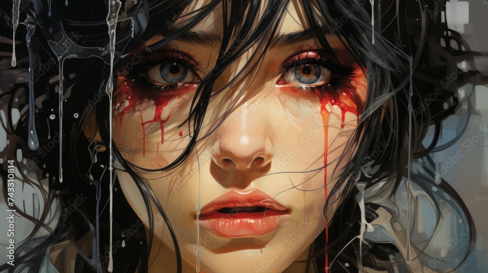 Intense close-up of young woman with black hair and piercing blue eyes ...