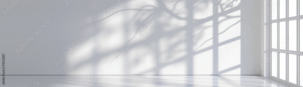 Indoor background with light and shadow of window frame and tree leaves ...