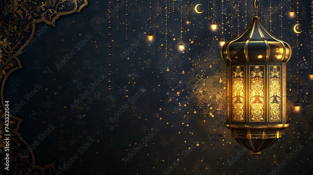 Exquisite ramadan kareem banner: luxury golden lantern arabic black ...