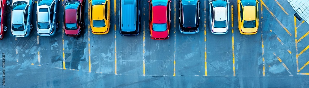 Aerial view of a multi-level parking structure with clearly marked ...
