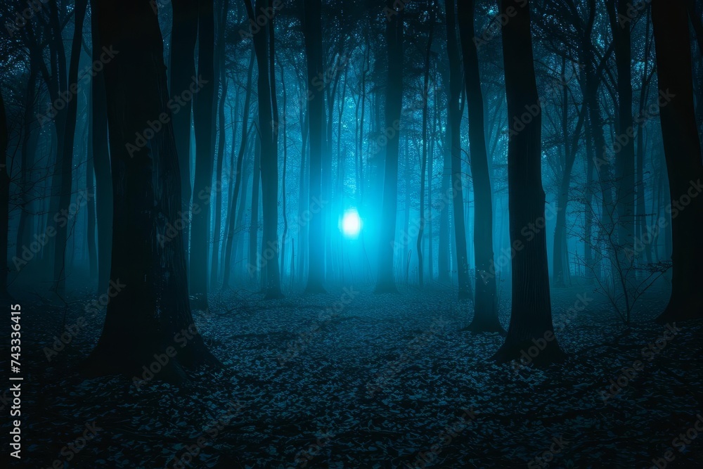 Mystical dark forest clearing illuminated by ethereal light Creating a ...