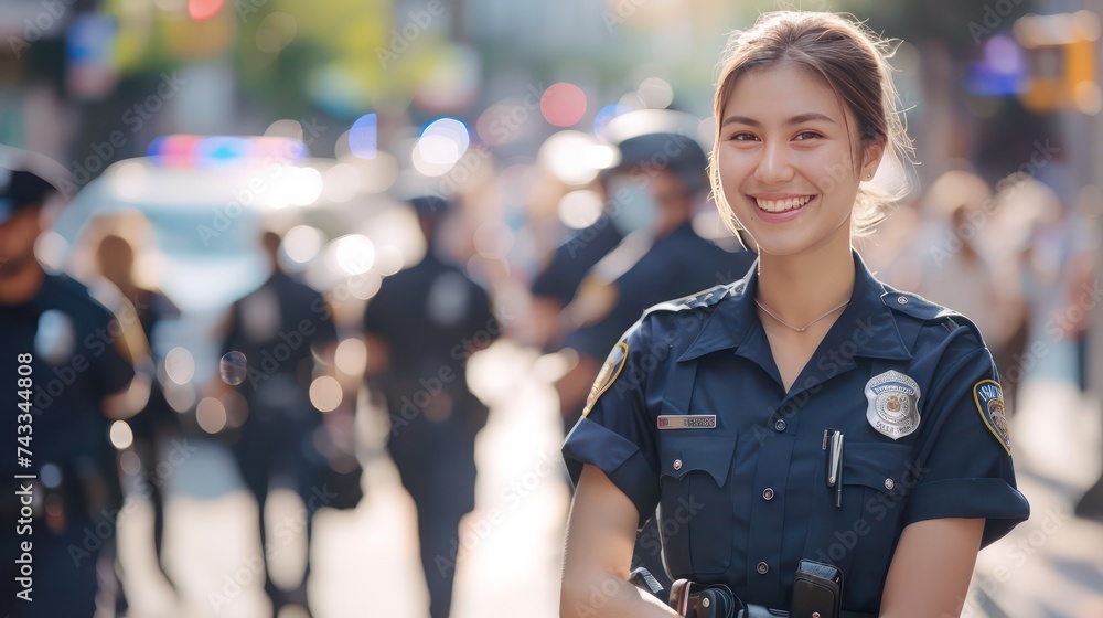 Smiling police woman with short hair and long pants ensuring safety on ...