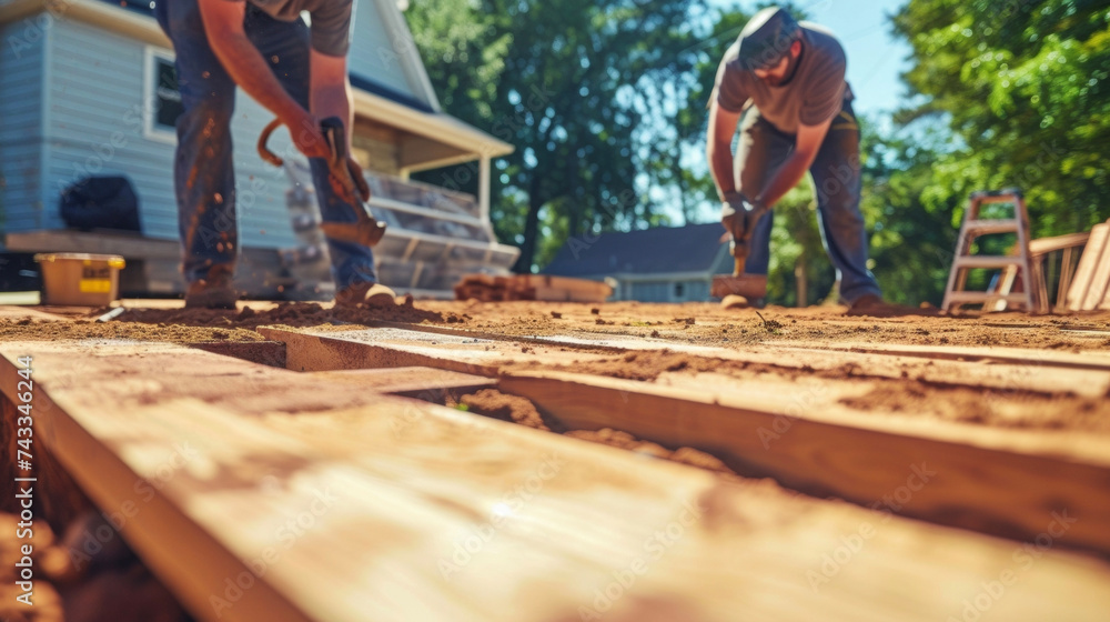 The sound of hammering fills the air as two carpenters work together to ...