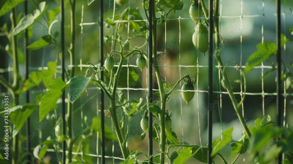 A closeup of a metal trellis with strings hanging down supporting a ...