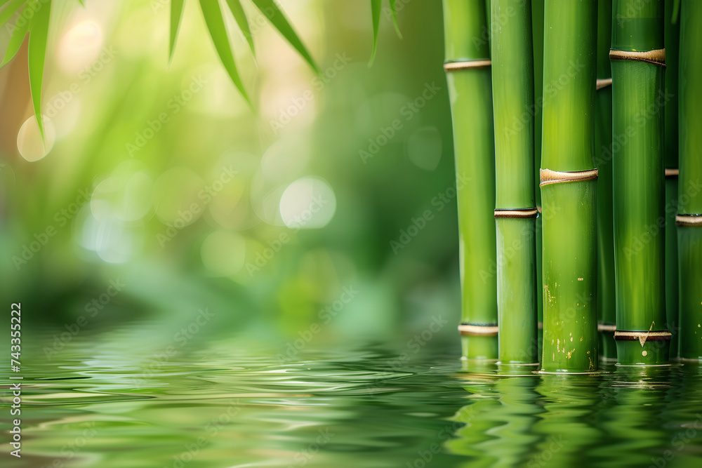 Aligned bamboo stalks gently sway in water against a sunlit backdrop ...