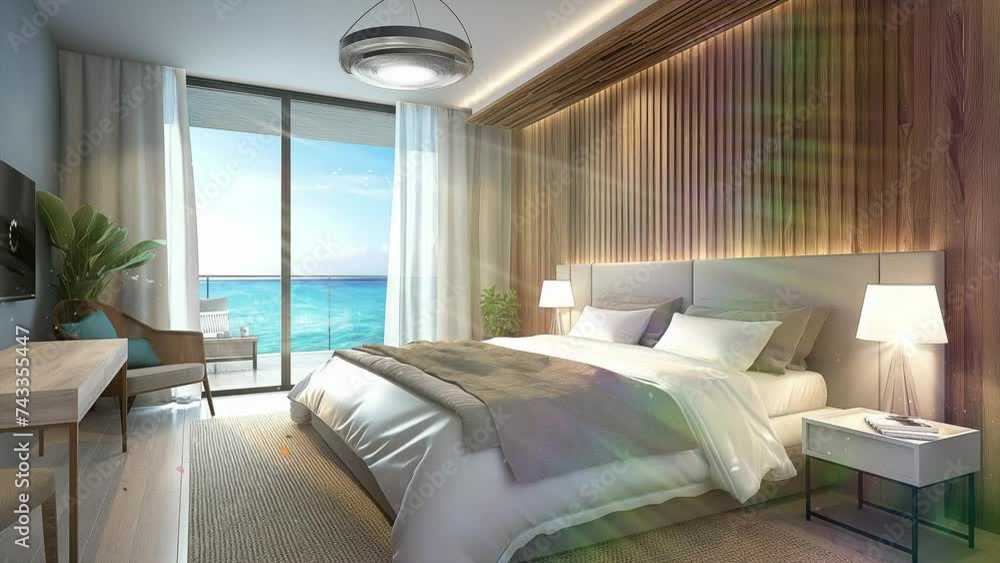 modern room architecture design with big window and beach view. 3d ...