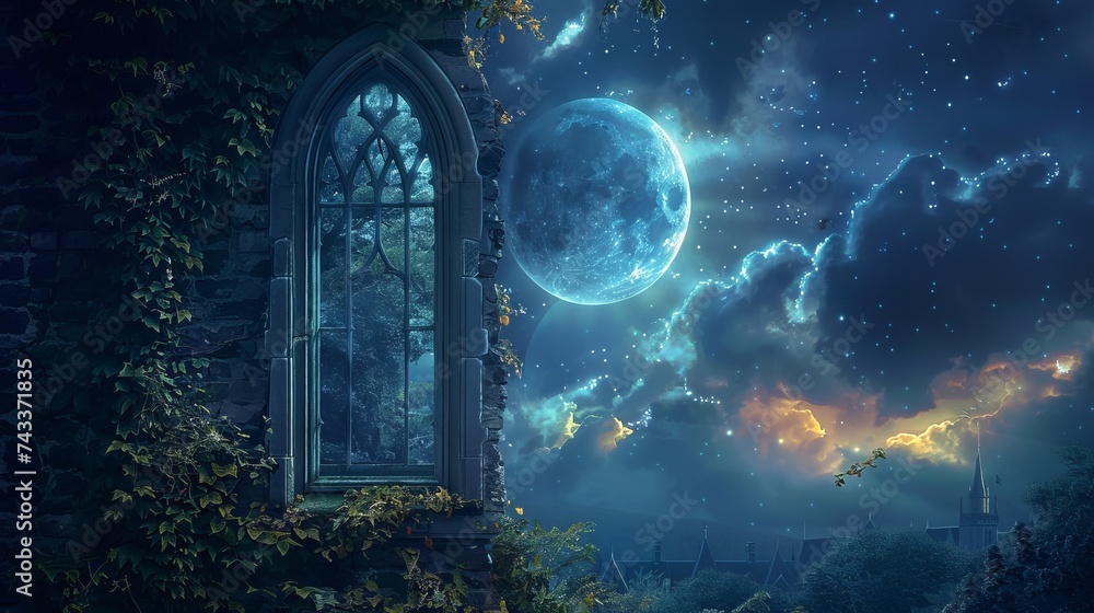 Enchanting mystical window with crescent moon in starry night sky ...