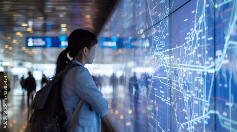 As travelers approach customs a digital display projects a virtual map ...