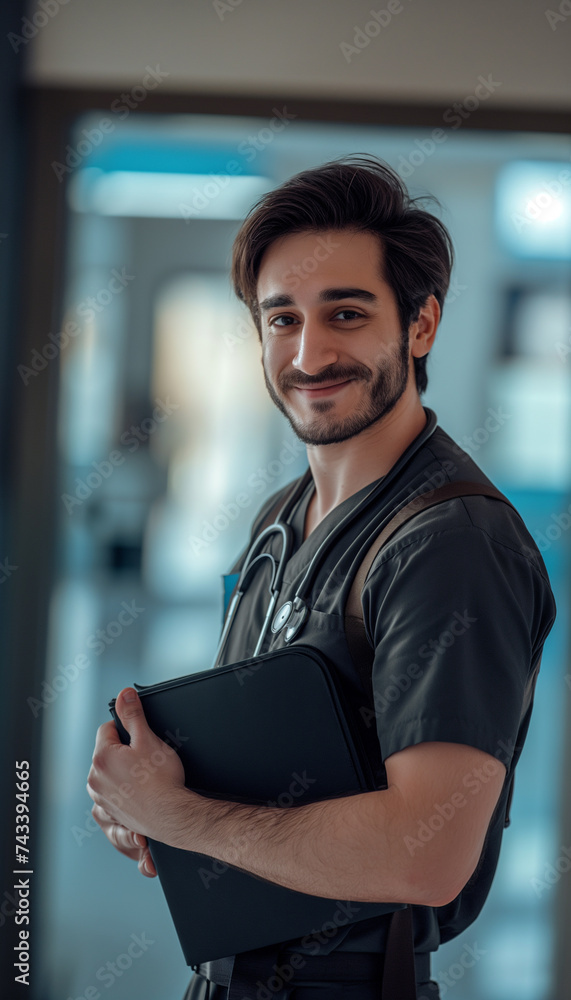 a hyper realistic portrait of a 40-YEAR-OLD man nurse in scrubs with ...