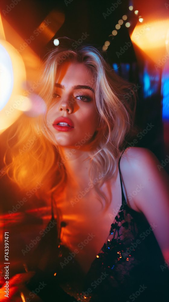 retro film style photo of a blonde woman with at a party with light ...