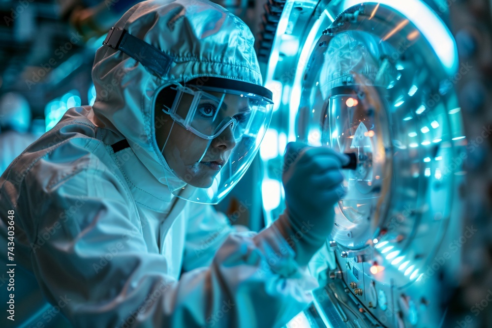 Imagine an image of a female doctor or scientist wearing a helmet and ...