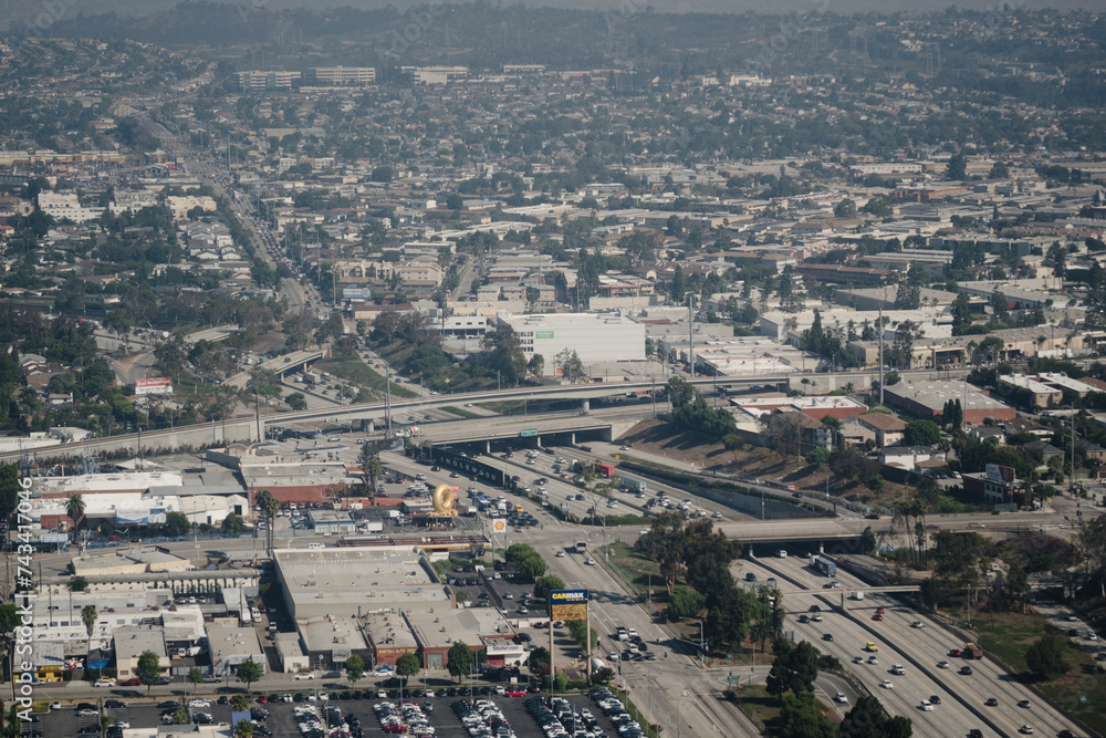 Aerial view of the freeway system in Los Angeles. Overpasses span ...