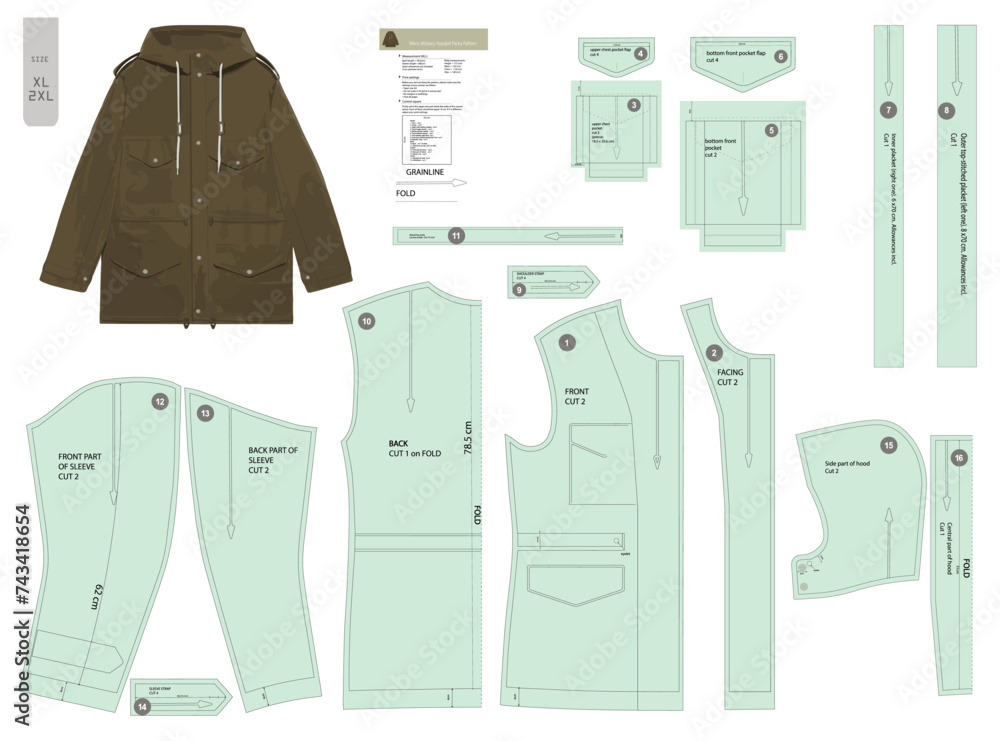 Men vector fashion sewing pattern for a military-style parka. Includes ...
