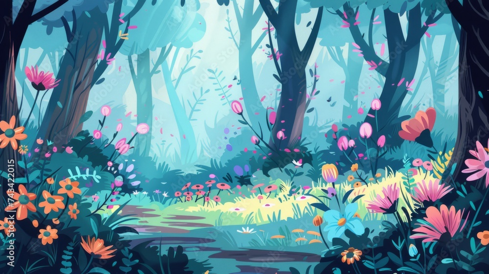 Magical purple forest with glowing flowers and trees, perfect for ...