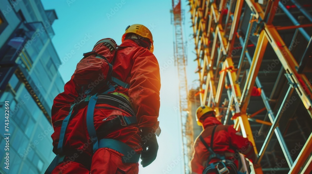 Construction workers wearing safety gear and harnesses as they erect ...