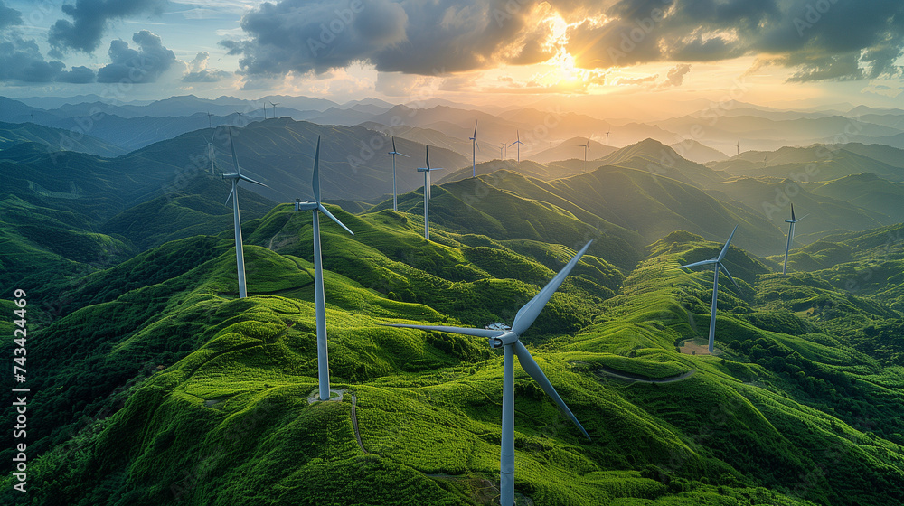 wind mill turbines in green mountains, Wind power generation in the ...