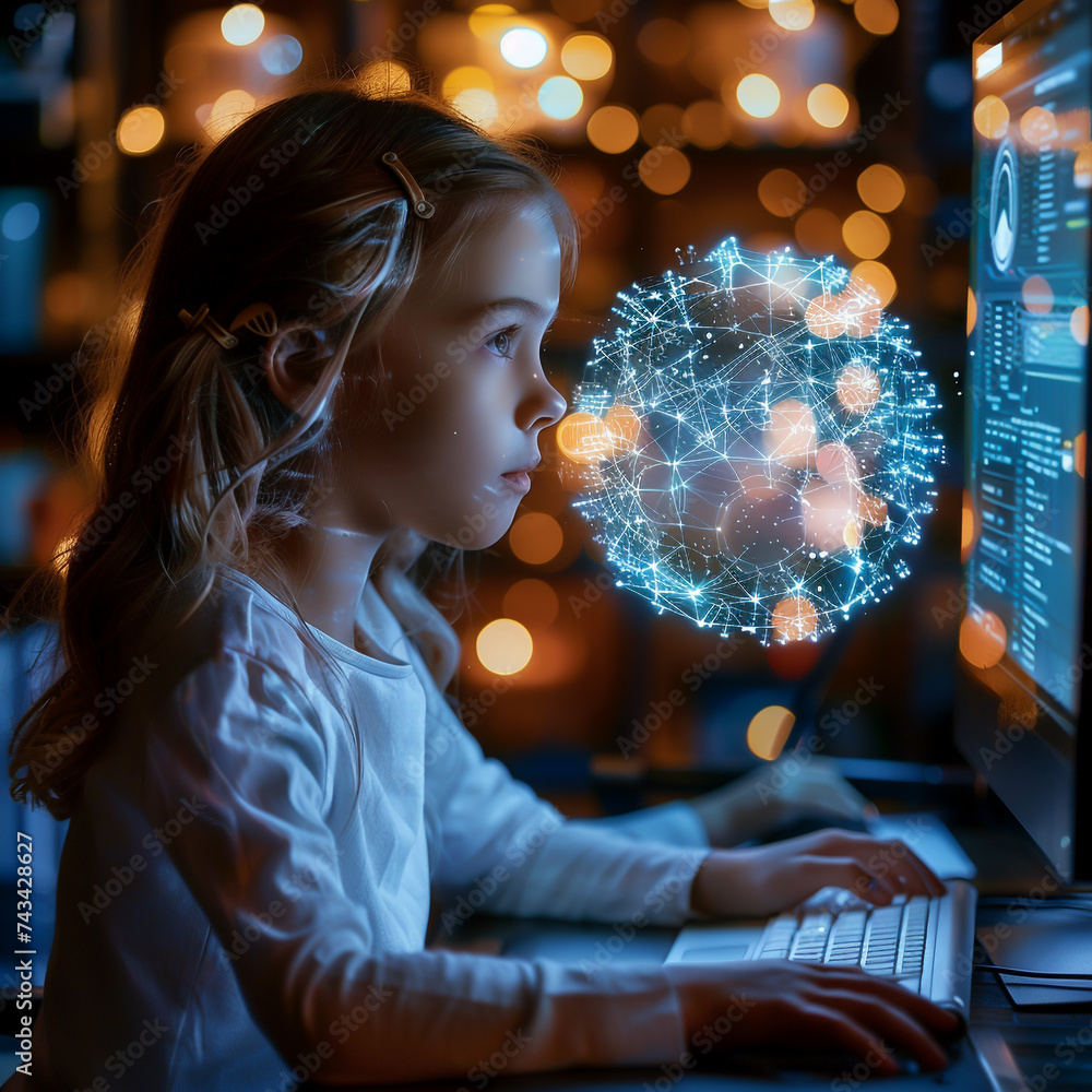 Child prodigy at her computer weaving through complex neural networks a ...