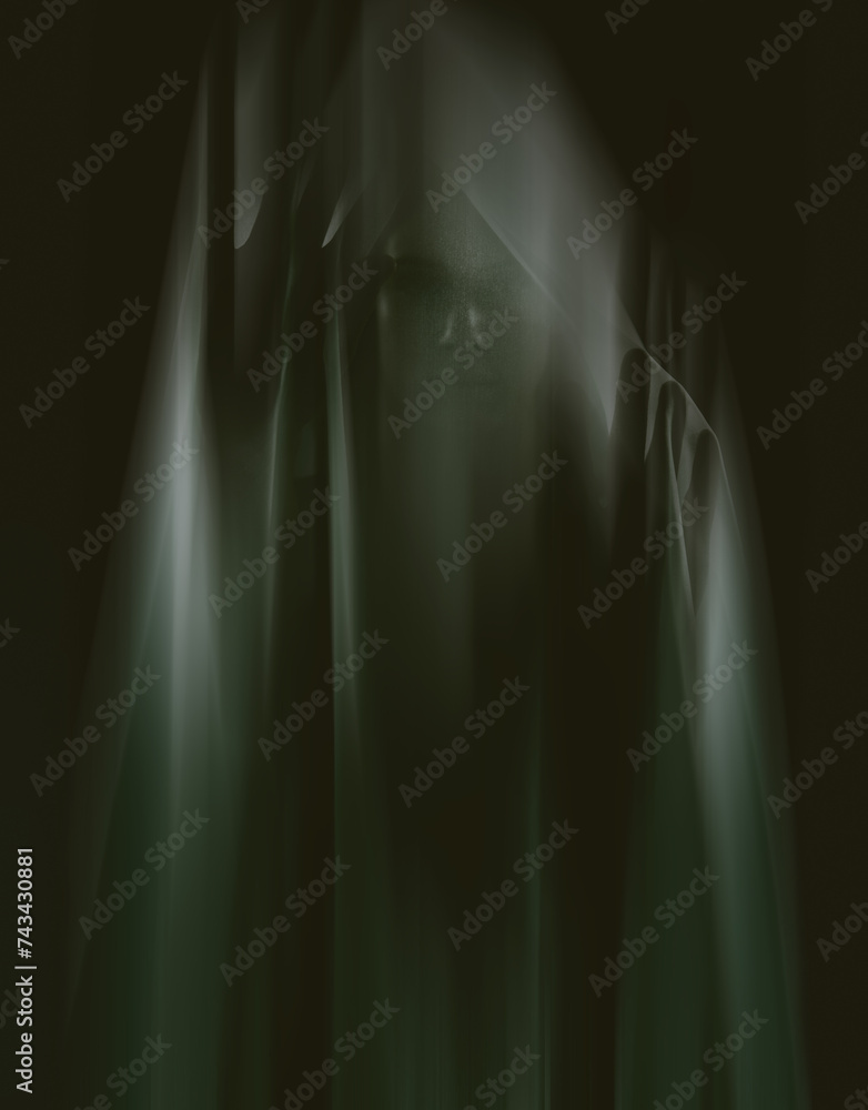 Person, hands and ghost face with mystery on black background for ...