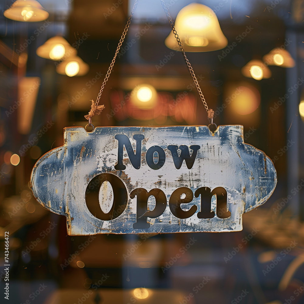 Vintage 'Now Open' Sign Hanging in the Window of a Shop, Inviting ...
