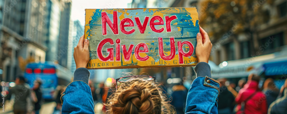 Person holding up a handmade sign with the inspirational slogan Never ...