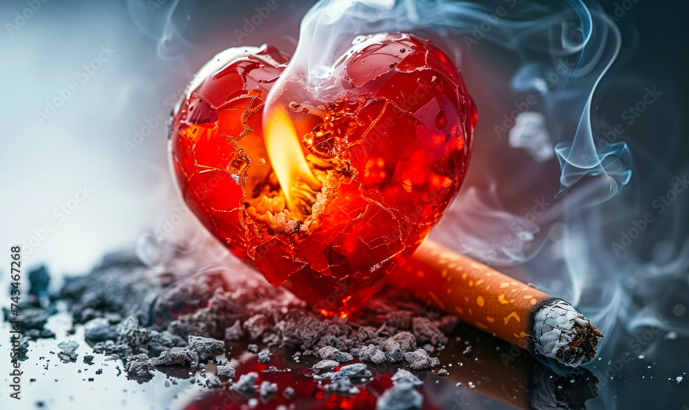 Conceptual image of a red heart damaged by a burning cigarette ...