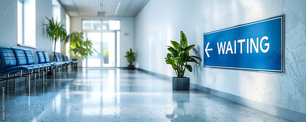 Blue WAITING ROOM arrow sign indicating direction to a waiting area ...