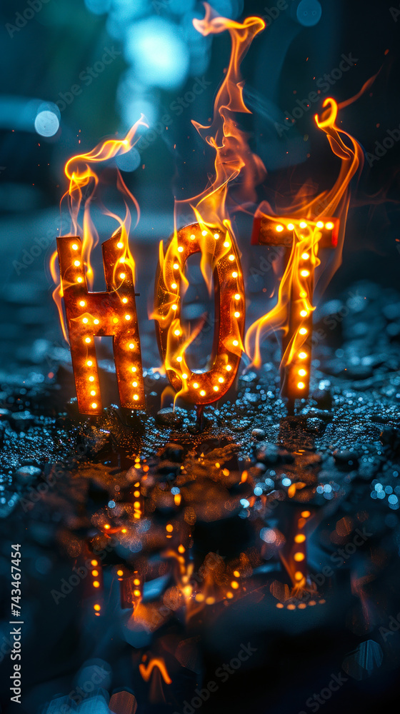 Blazing letters spelling HOT with fiery flames on a scorched surface ...