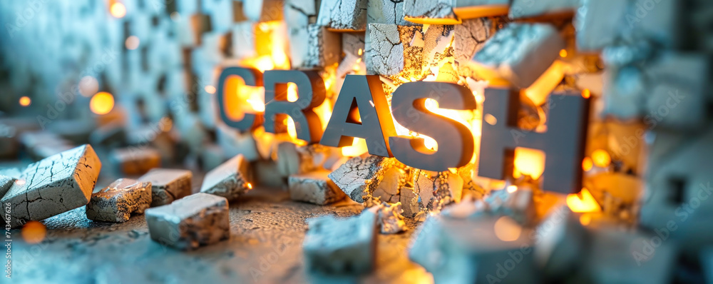 Conceptual image of CRASH word breaking through a white wall depicting ...