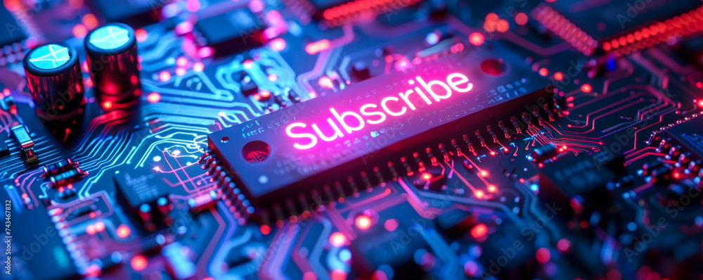 Illuminated Subscribe button on a vibrant circuit board, digital subscription concept ...