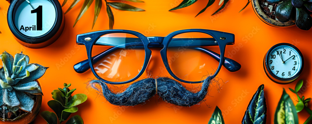 April Fools Day concept with playful disguise props like glasses ...