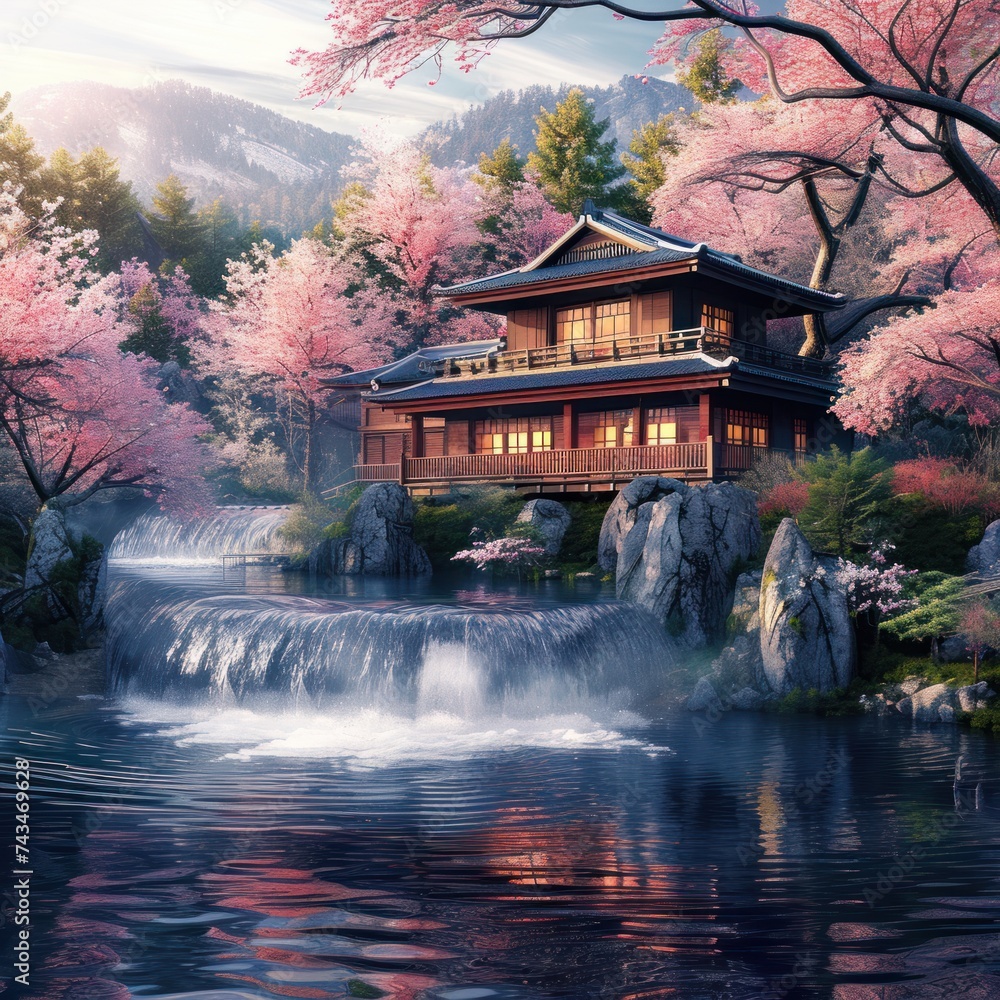 One of the traditional Japanese houses among the exotic natural beauty ...