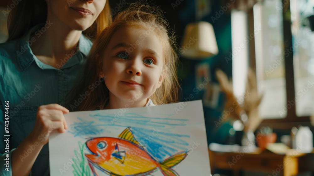 Happy young girl kid showing the drawing she made of a fish to her ...