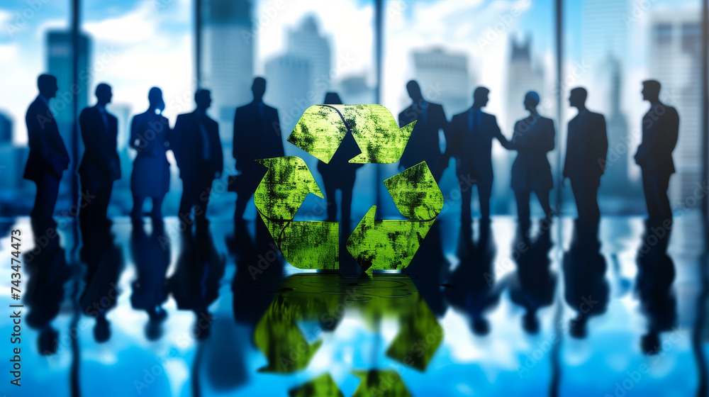 Green recycle symbol icon sign with professional environment background ...