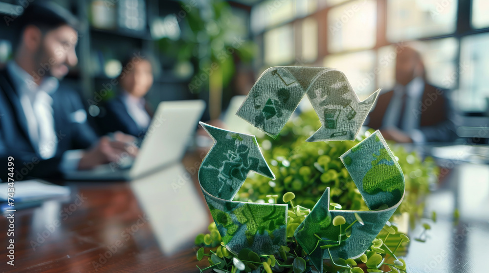 Green recycle symbol icon sign with professional environment background ...