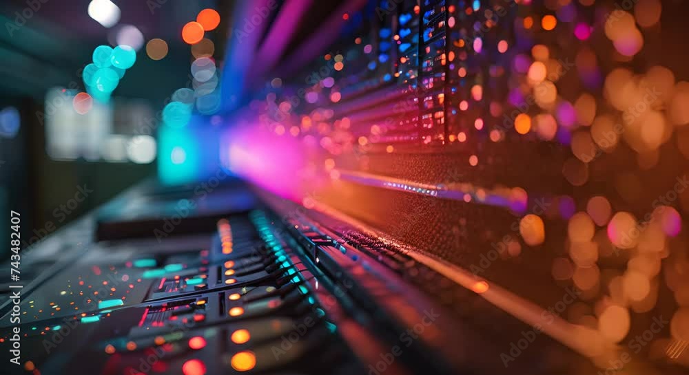 Fiber optic cables intertwined, radiating a spectrum of colors as they ...