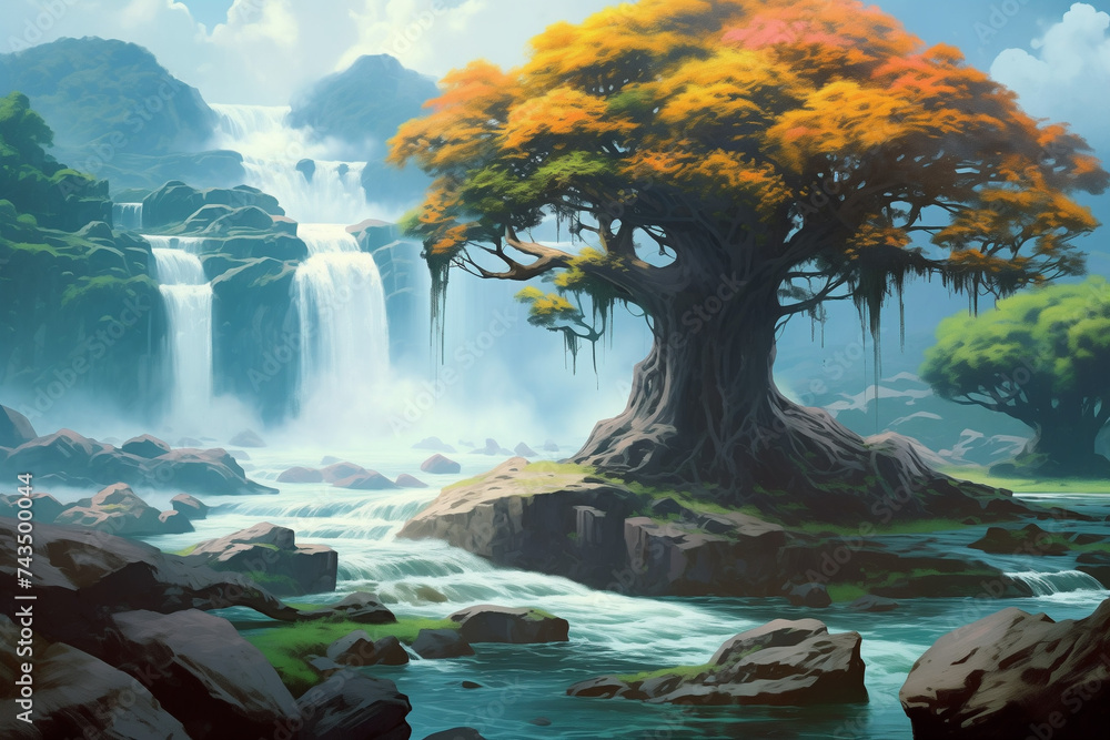 Beautiful big tree and waterfall landscape for background Stock Photo ...