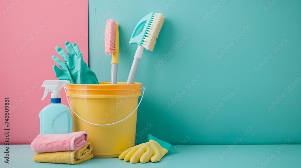 Bright cleaning supplies on a turquoise background for housekeeping ...