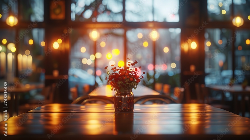 Dark blurred background with empty table top, cafe restaurant windows ...