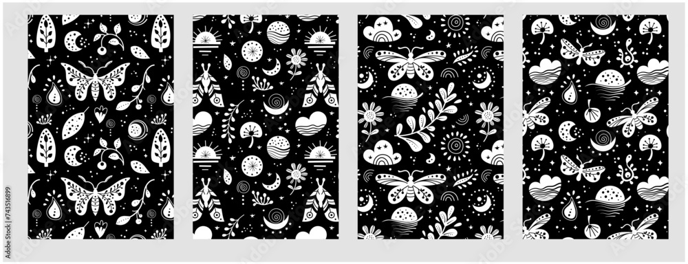 Seamless neo folk pattern with butterfly, moth and flowers, black and ...