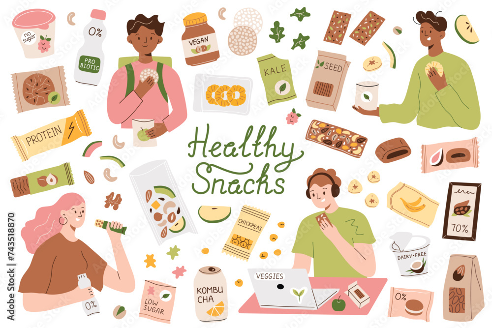 Healthy snacks, people eating granola bars and dried fruit, vegans with ...
